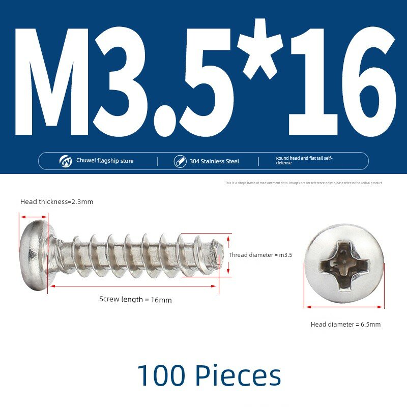Нержавеющая сталь M3.5 Полукруглая головка Самосверлящий винт 16мм Длина 100 штук для металла и дерева