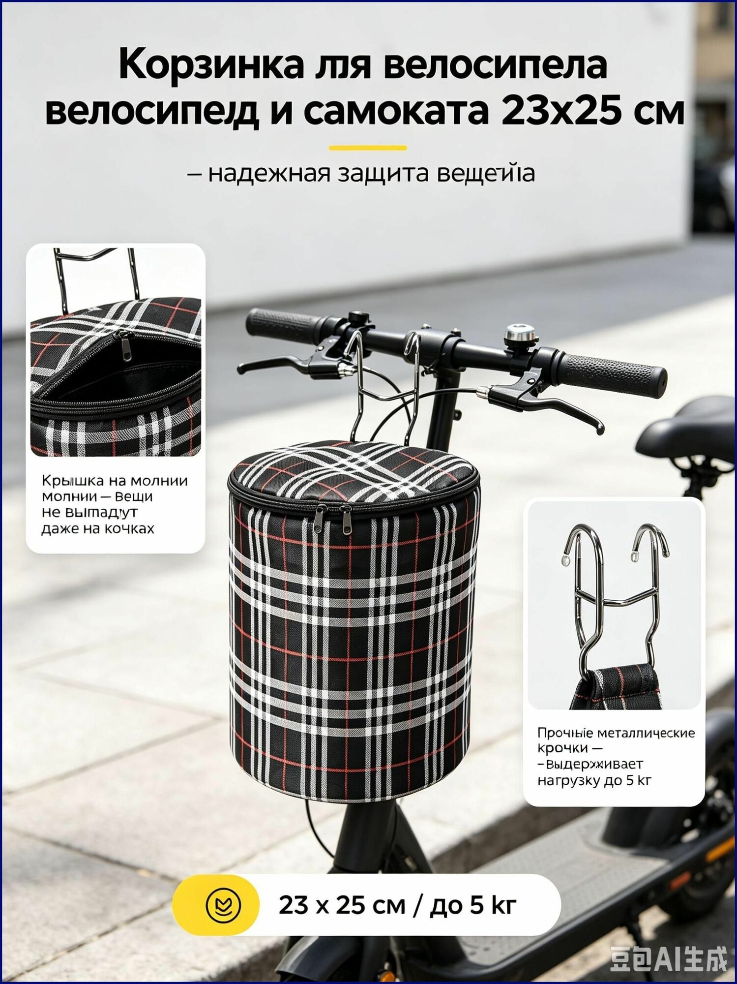 Корзинка для велосипеда самоката 23х25 см, навесная сумка-корзина на руль с крышкой на молнии - велокорзина в клетку до 5 кг