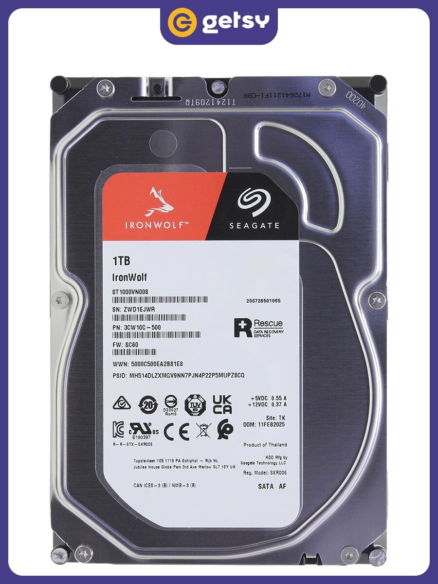 Внутренний жесткий диск Seagate Ironwolf 1Tb, 3.5", SATA III, 5400 об/мин, 6000 МБ/с, (ST1000VN008)