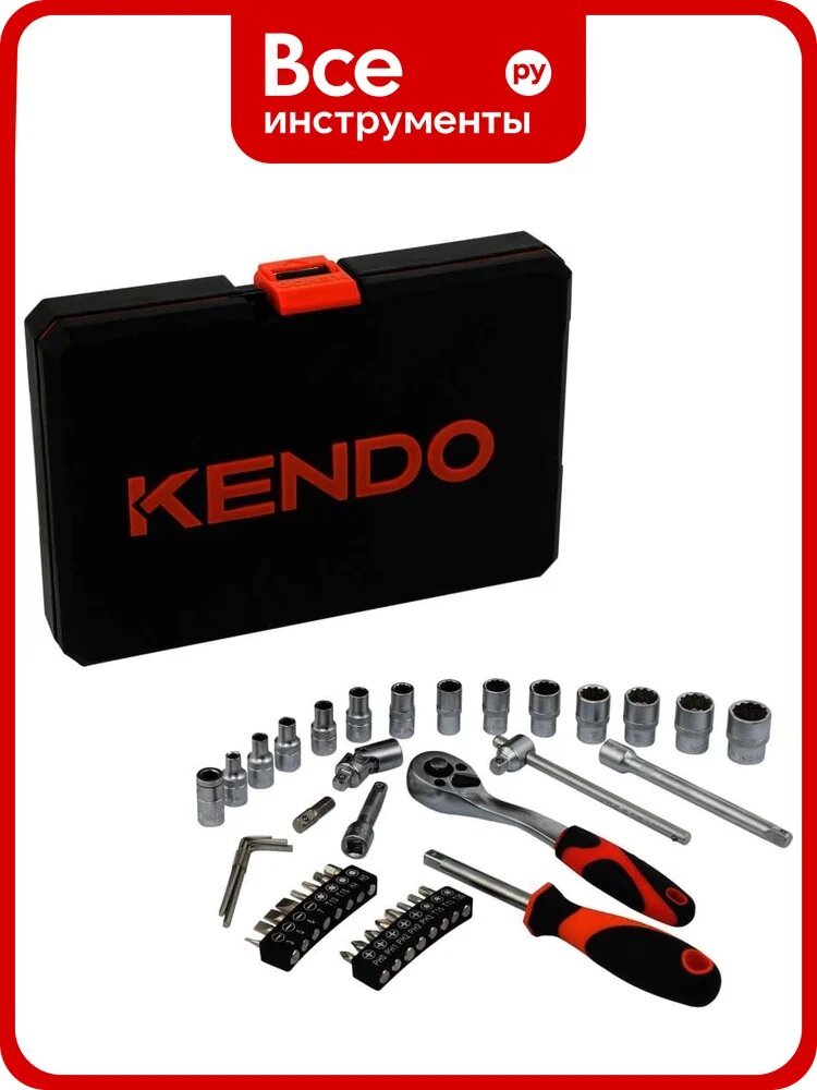 Набор инструмента с трещоткой KENDO 1/4" 42 шт. 90562, комплект с 12‑гранными головками, битами SL и т‑образным воротком