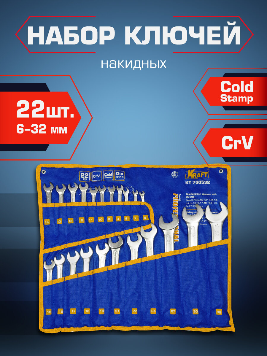 Набор комбинированных гаечных ключей "Professional" 22 шт: 6-19, 21, 22, 24, 27, 30, 32 мм (сумка)