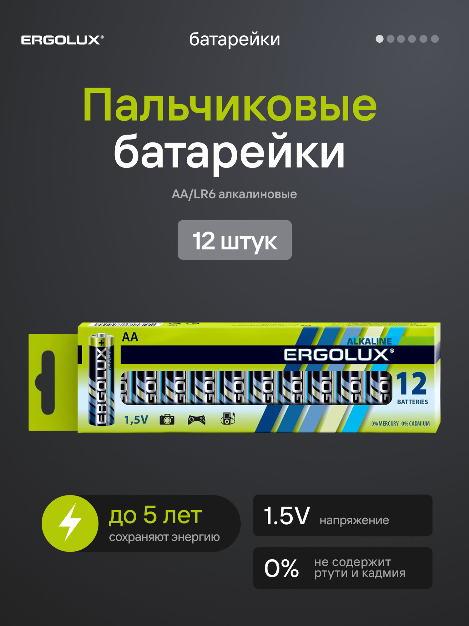 Батарейки АА пальчиковые щелочные Ergolux Alkaline LR6 BP-12, 1.5 В, 2700 мАч, 12 шт, с защитой от протекания