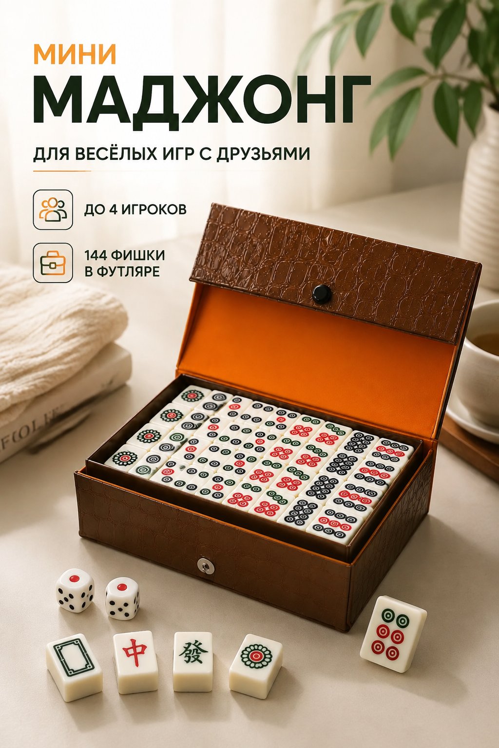 Мини-маджонг для взрослых, набор 144 фишки в футляре, до 4 игроков