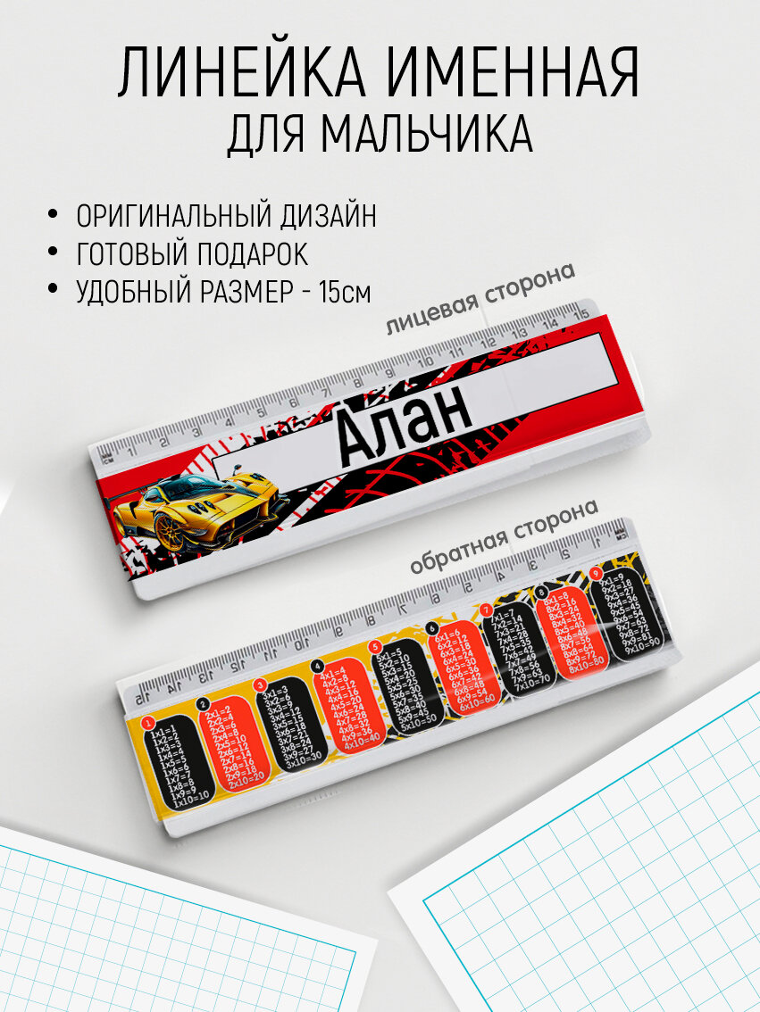 Именная линейка для мальчика "Алан", пластиковая, 15см
