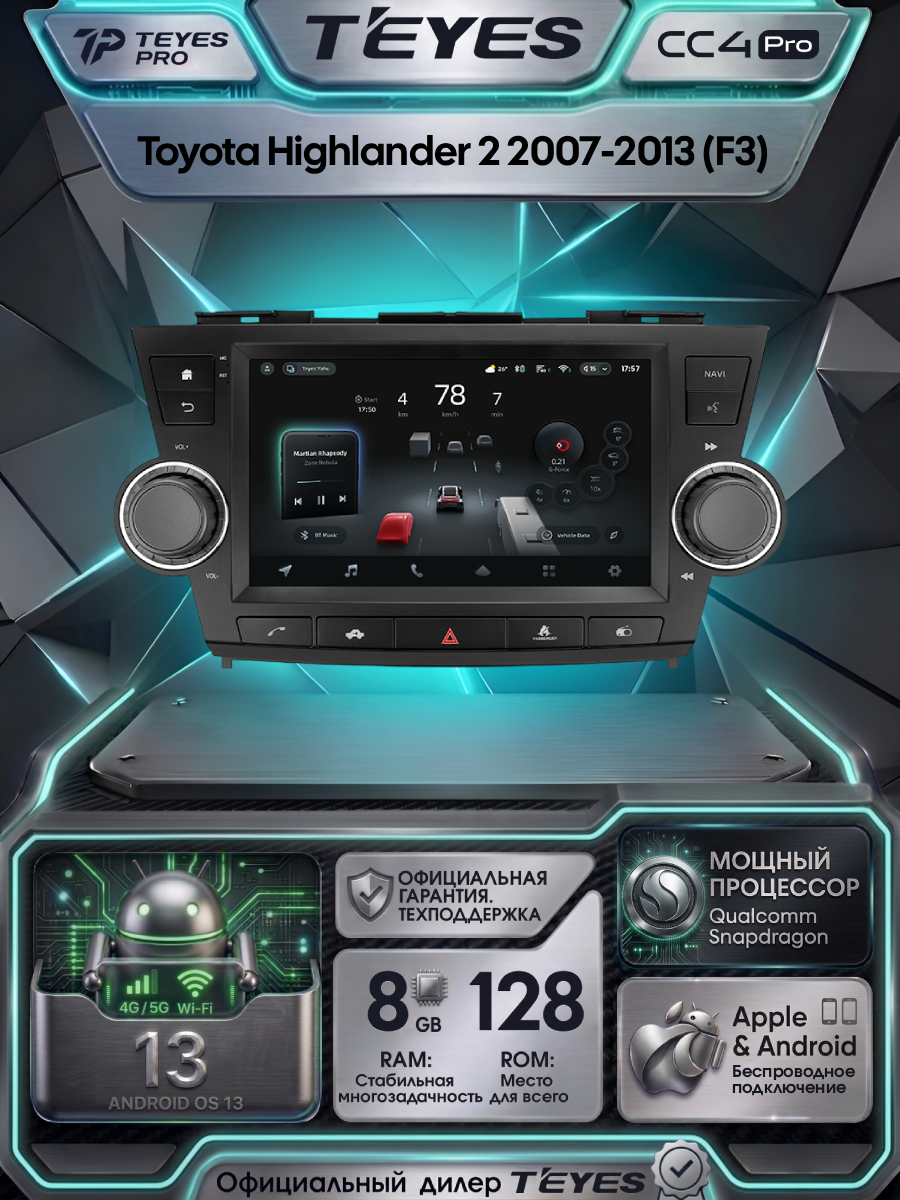 Магнитола Teyes CC4 Pro 8/128GB для Toyota Highlander 2 XU40 (Комплектация F3) 2007-2013, штатная магнитола, 8-ми ядер