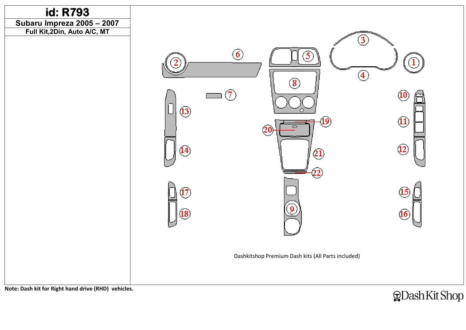 Декоративные накладки салона для Subaru Impreza WRX 2005-2007. Комплект R793.