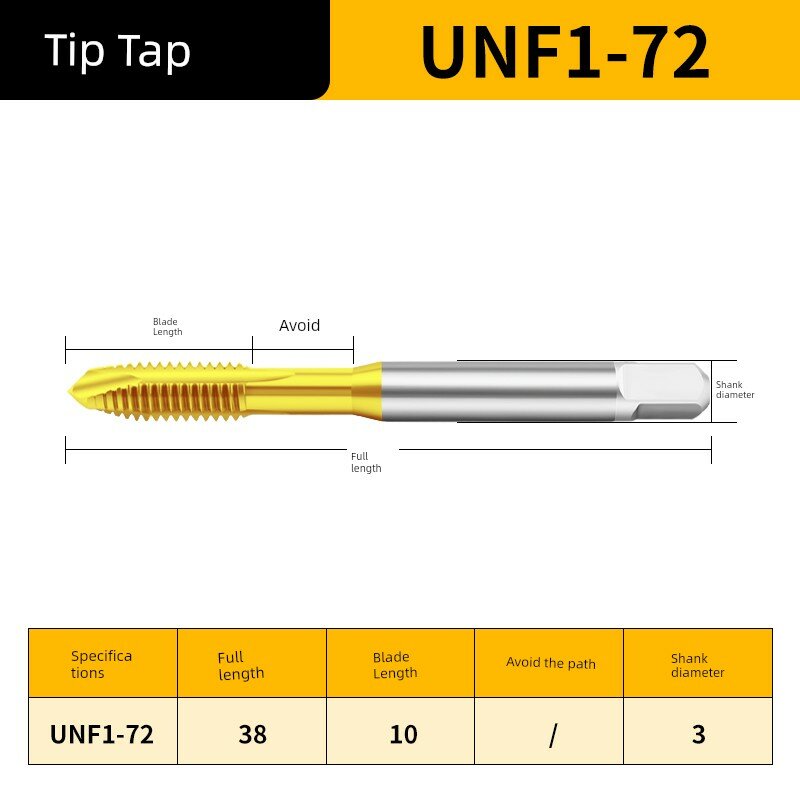 UNF 1-72 Тонкозубая метчик для нержавеющей стали, диаметр 1/8 дюйма, 72 ниток на дюйм