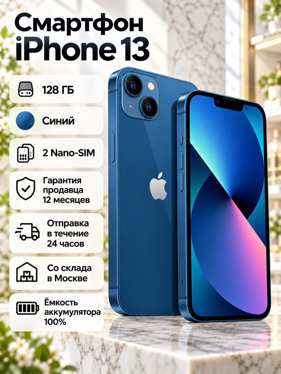 Смартфон Apple iPhone 13 128 ГБ, синий, A15 Bionic, 2 Nano-SIM