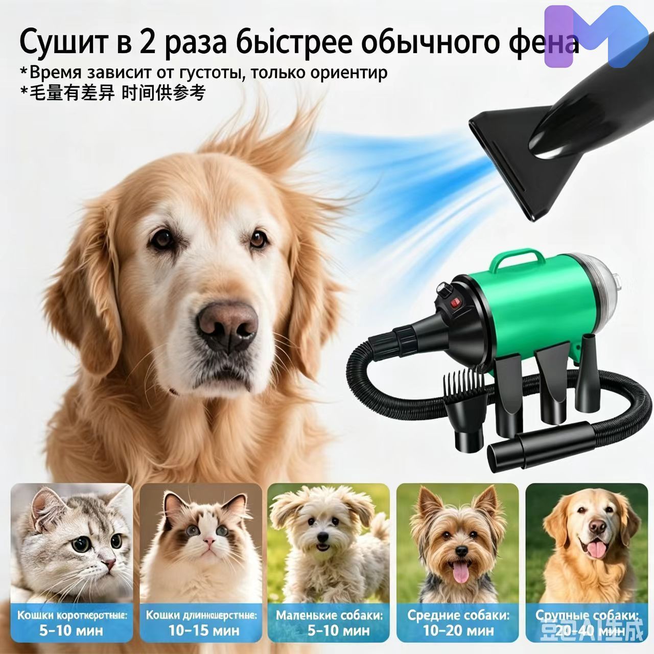 Фен-компрессор для сушки животных 2W оснащёный функцией защиты от пересушивания волоса, лёгкий, тихий и мощный, 2800 Вт