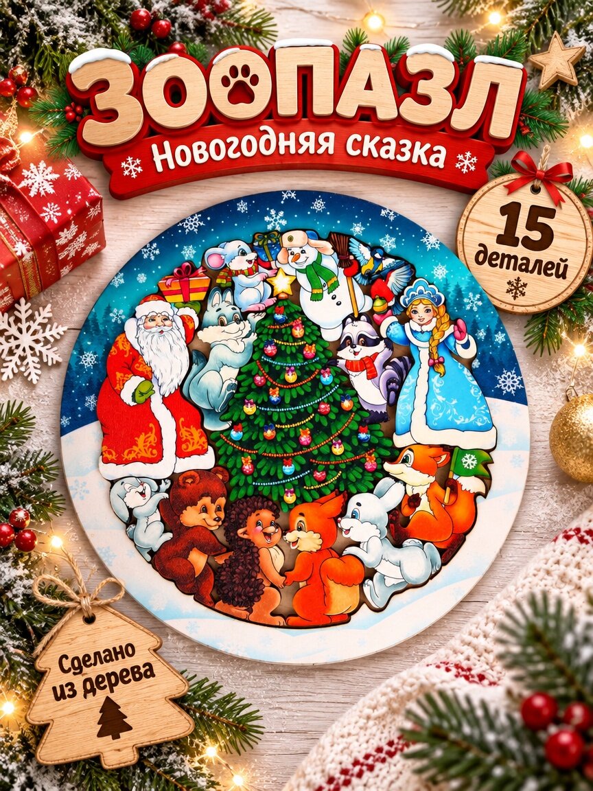 Нескучные игры Зоопазл "Новогодняя сказка" 15 деталей (дерево)