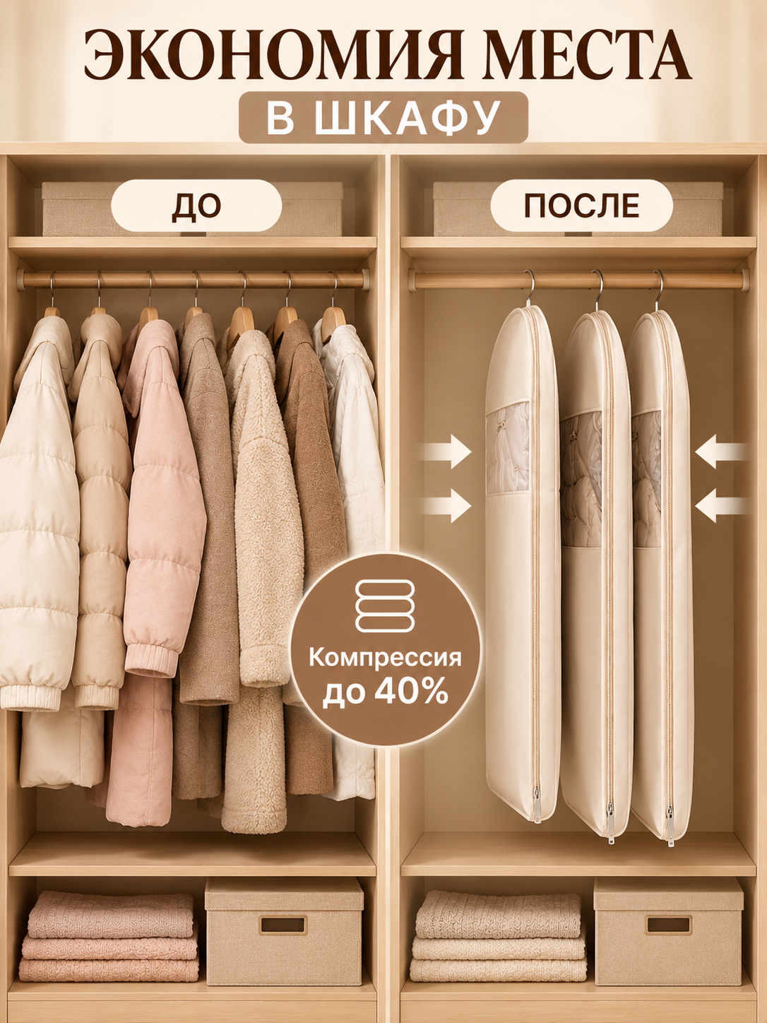 Чехол для хранения одежды в шкафу 58×15×110 см, пылезащитный подвесной для курток и пальто, бежевый