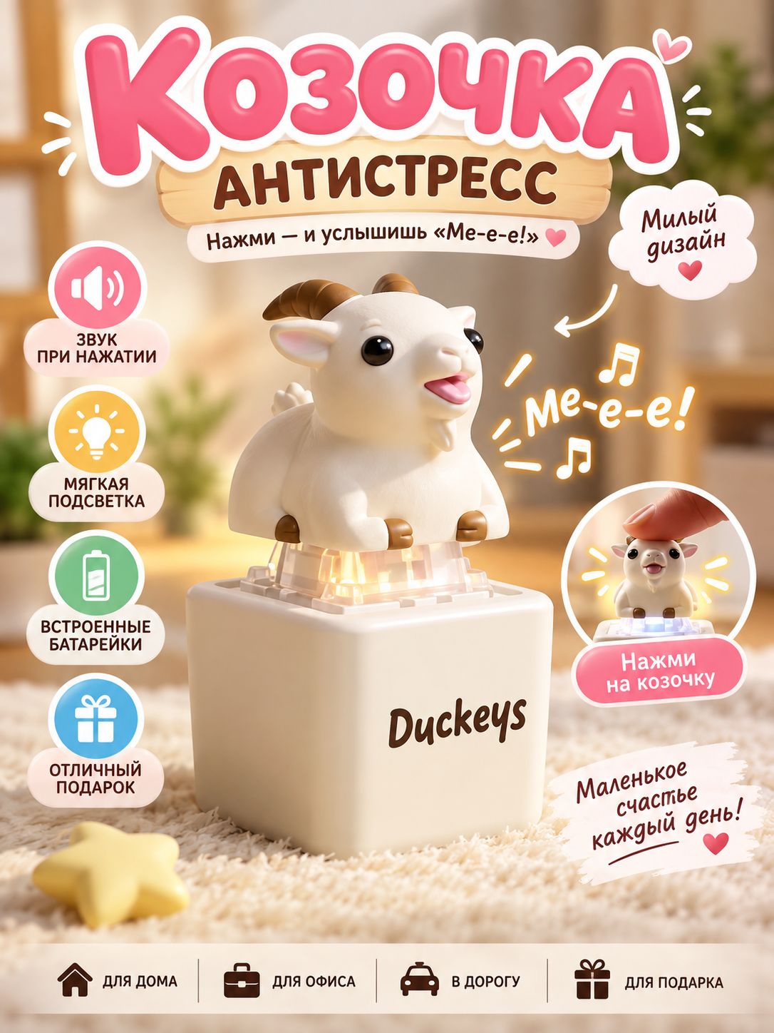 Ключевая цепочка антистресс овечка с подсветкой и звуком, перезаряжаемая USB игрушка-антистресс
