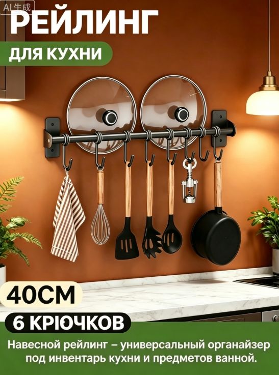 Рейлинг для кухни, ванной 40 см 1 шт металл черный