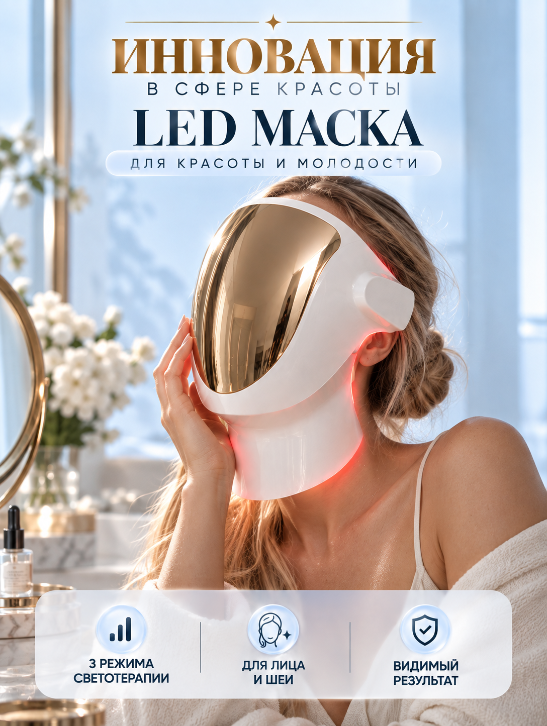 LED маска светодиодная для лица, шеи и декольте премиум, от морщин и акне, фототерапия, 3 режима, беспроводная,