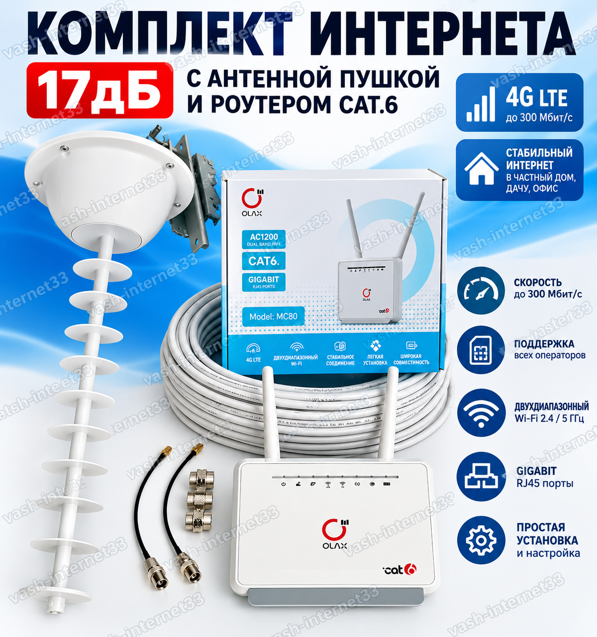 Комплект интернета OLAX MC80 Cat.6 300мбит/с прошитый WIFI роутер LTE 4G 3G антенна пушка 4G 3G 17-20 дб для дачи дома