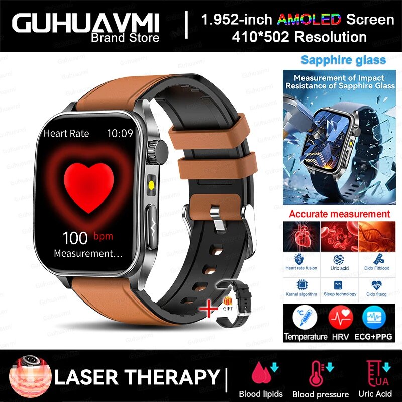 GUHUAVMI Smart Watch 1.952" AMOLED, Brown Leather