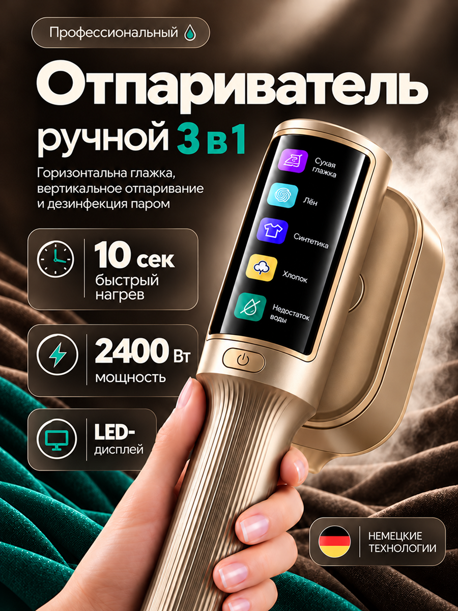Отпариватель для одежды, ручной, 2400Вт, 4 режима, LED дисплей