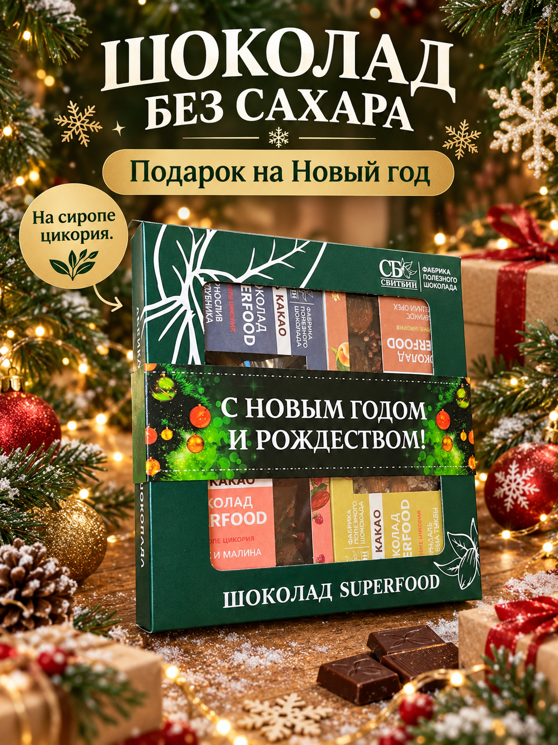 Шоколад без сахара темный, новогодний подарок С Новым годом и Рождеством!