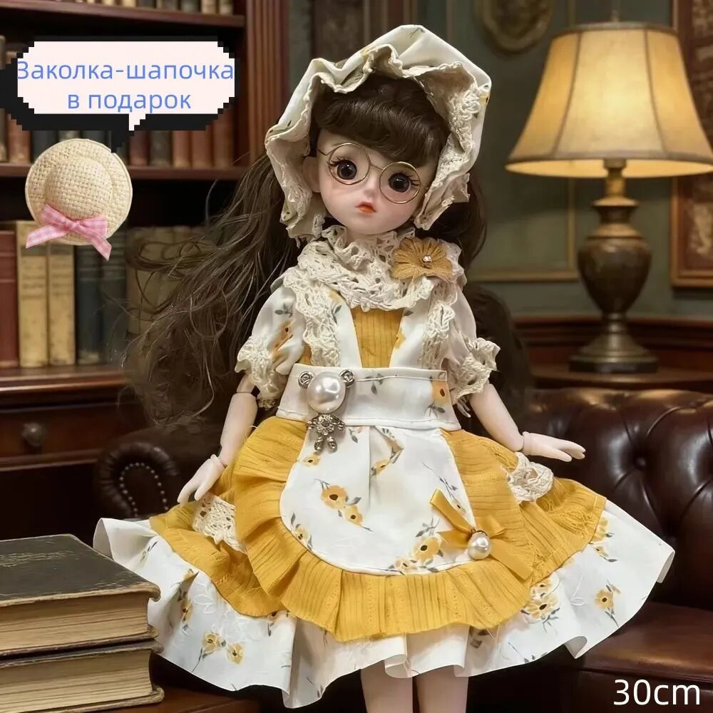 Кукла BJD в наряде сельской лолиты с очками и фартуком, 30 см