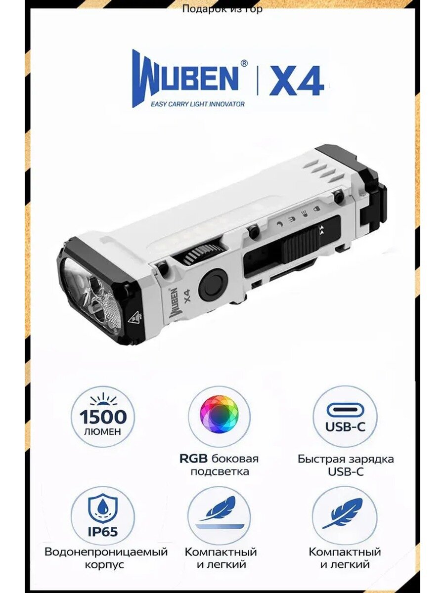 Ручной туристический фонарь Wuben X4, 1500 люмен, IP65, USB-C, с RGB-подсветкой