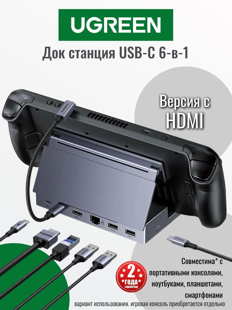 USB хаб UGREEN CM800 Док-станция UGREEN CM800 (75126) 6-in-1, PD USB-C, HDMI, USB-C, 2xUSB-A, RJ45