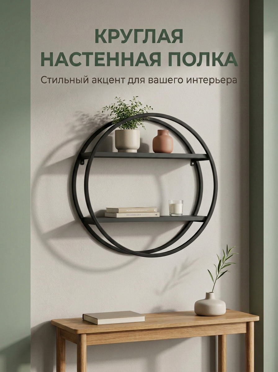 Полка настенная круглая дэрия, 2 яруса, металлическая, 50×50×20,5 см, черный