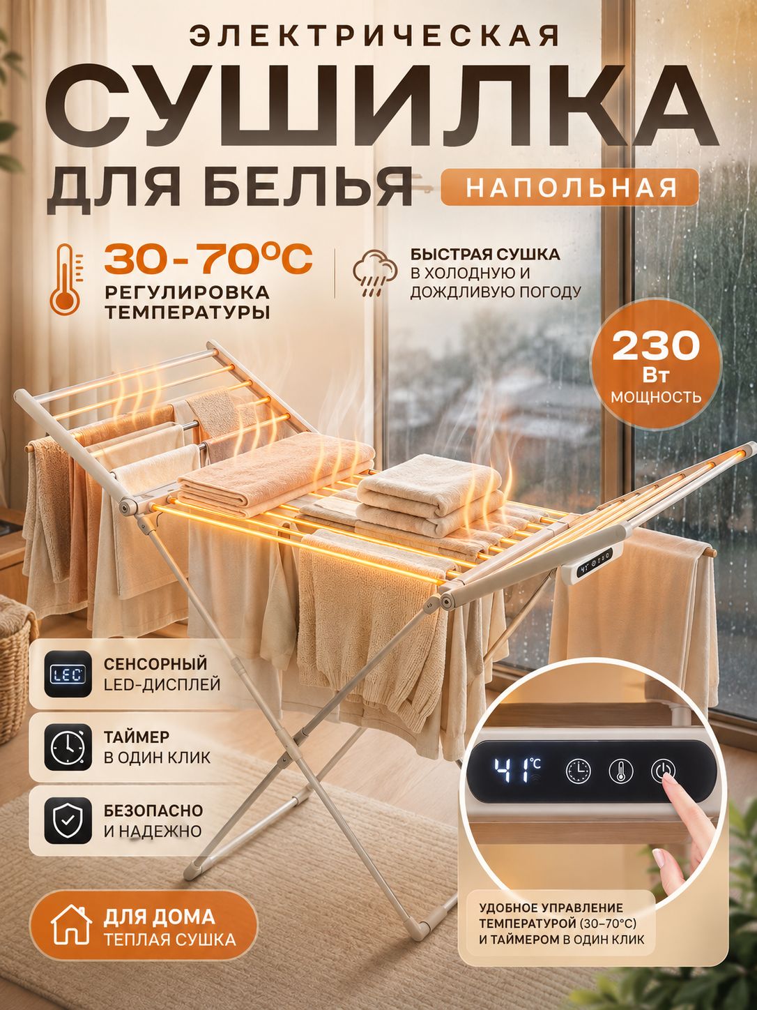 Сушилка для белья электрическая напольная складная ZY1915-2 серебристый, Мощность 230 Вт с подогревом