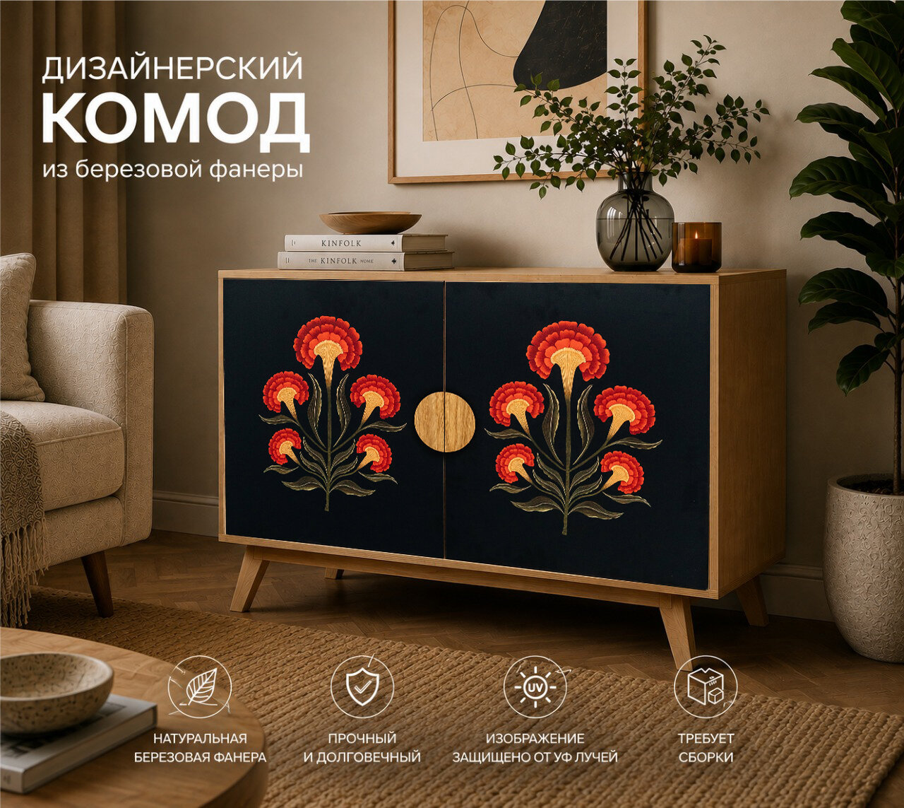 Комод деревянный с дверцами в спальню, гостиную, прихожую, "Репейник"