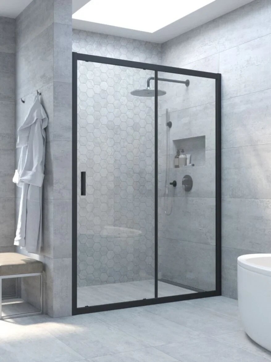 Душевая дверь в нишу Vegas Glass ZP Novo h2000 130 02М 01 130 см, профиль матовый черный, стекло прозрачное