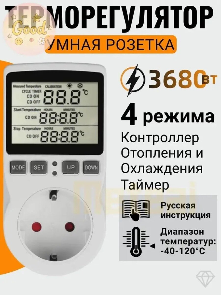 Терморегулятор, термостат до 3680 Вт для конвекторов, белый, с таймером