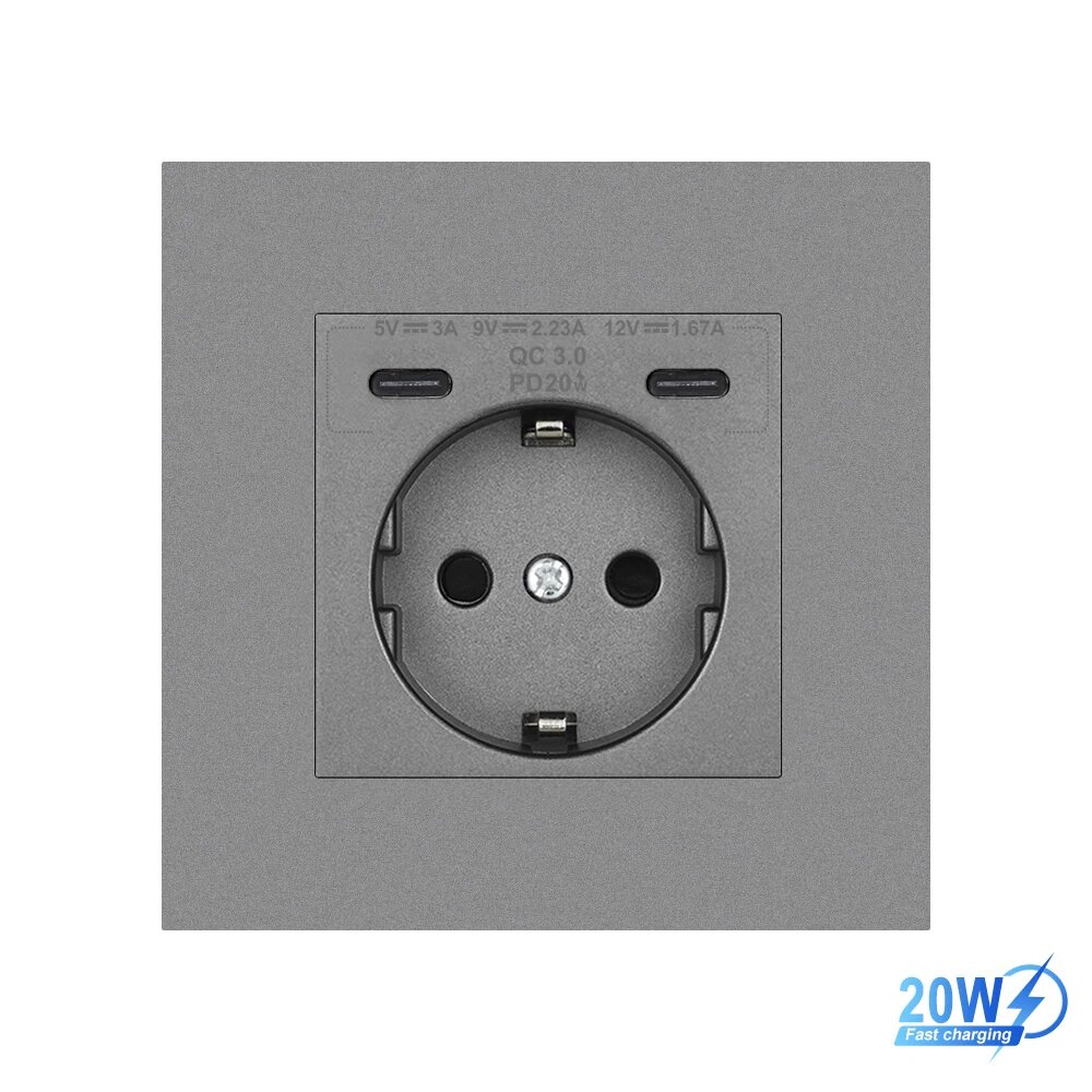 Розетка настенная SRAN EU, USB Type-C, 20W, серая