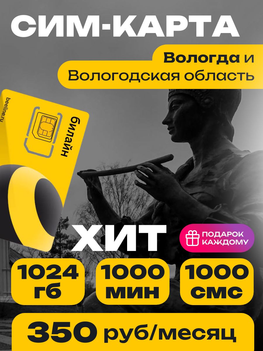 Сим карта Билайн, тариф Эксклюзивный ХИТ, 350 руб./мес. Вологодская область