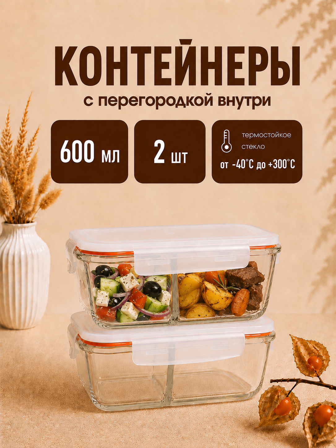 Контейнер для еды. Стеклянный контейнер для еды с разделителем, ланч-бокс, 600 мл, 2 шт