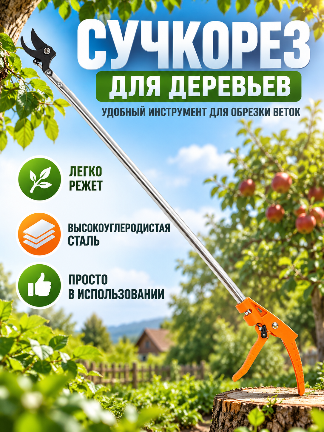 Сучкорез для деревьев длинный, высокоуглеродистая сталь, инструмент для обрезки веток на даче