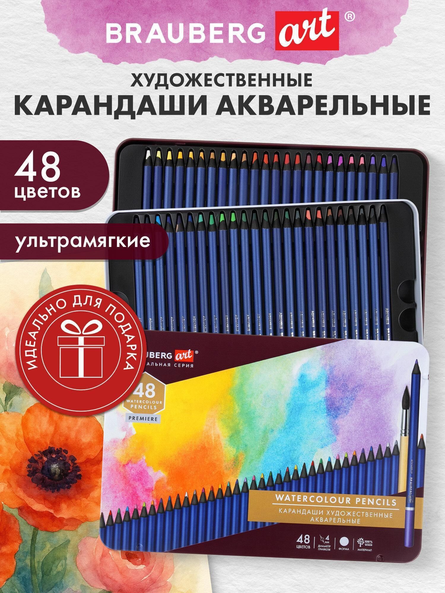 Карандаши художественные цветные акварельные, 48 цветов, 4 мм, металлический кейс, BRAUBERG ART PREMIERE, 181924
