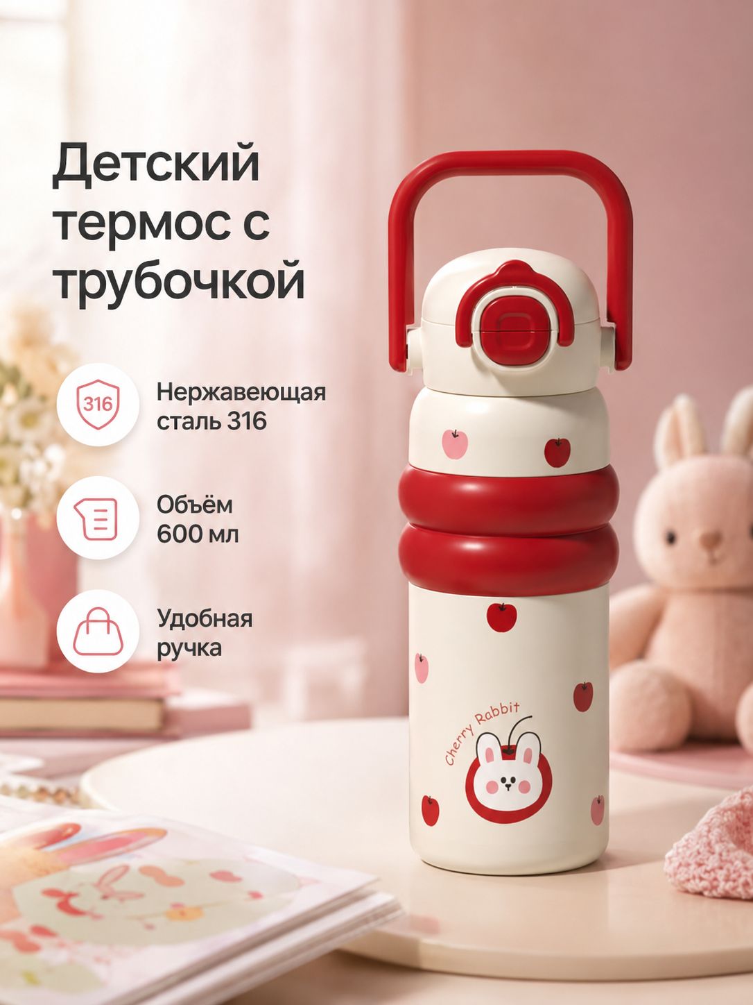 Детская термокружка из нержавеющей стали 316, 600 мл, яблоко и кролик, с соломинкой и ручкой