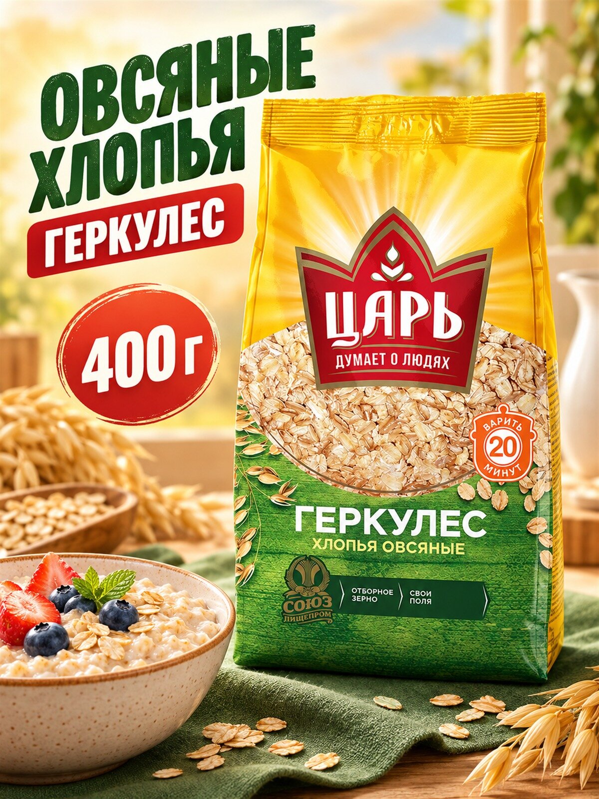 Царь овсяные хлопья Геркулес 400 г, хлопья овсяные, пакет