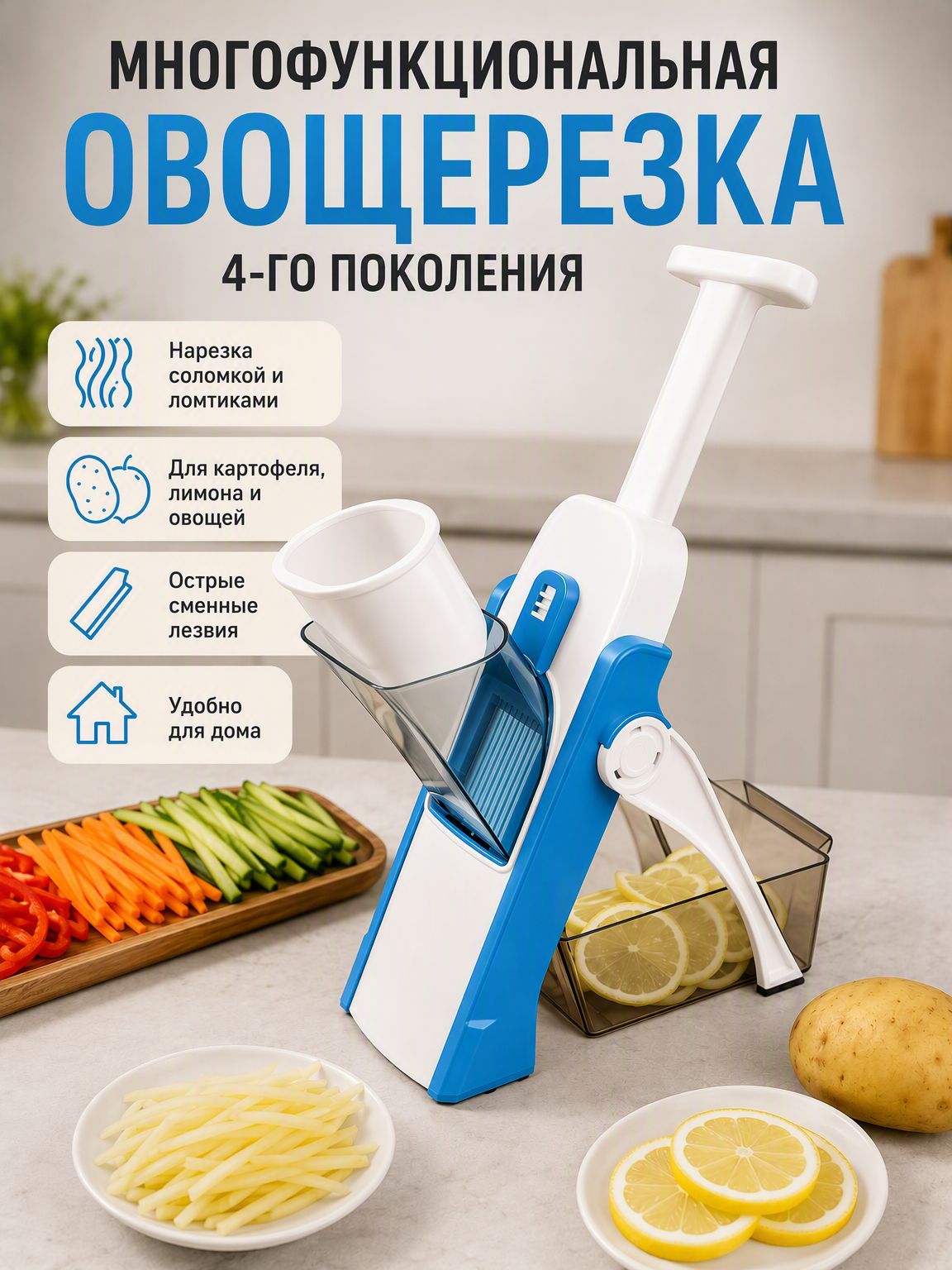 Овощерезка ручная многофункциональная, для шинковки и нарезки ломтиками