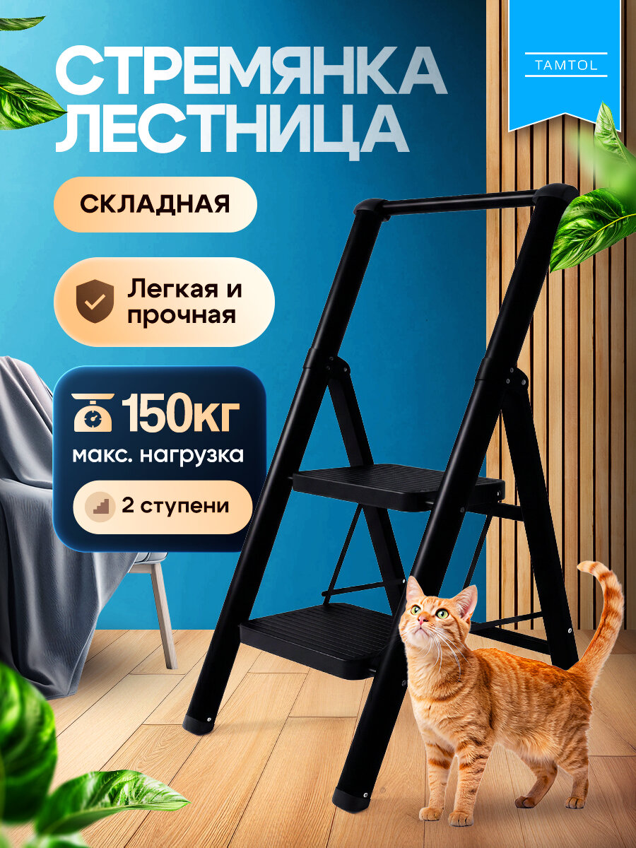 Стремянка 2 ступени для дома Широкие ступени 30х20см С поручнем Черная