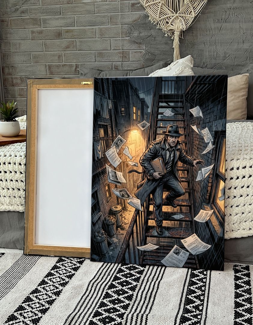Картина на холсте (детектив, нуар, лестница, огневая лестница, дождь, бумаги, фотографии) 20x30 см. Интерьерная на стену. Украшение в комнату. В подарок.