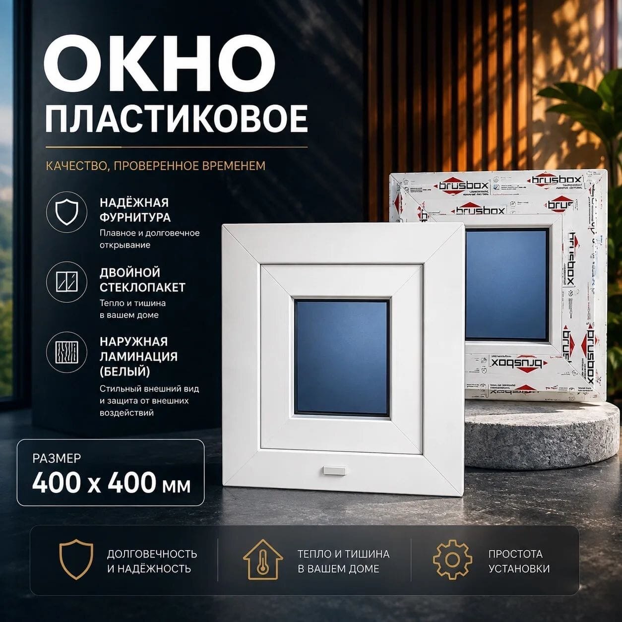 Окно ПВХ 60мм ; белое; 400х400 мм; обычное стекло/правое/поворотное