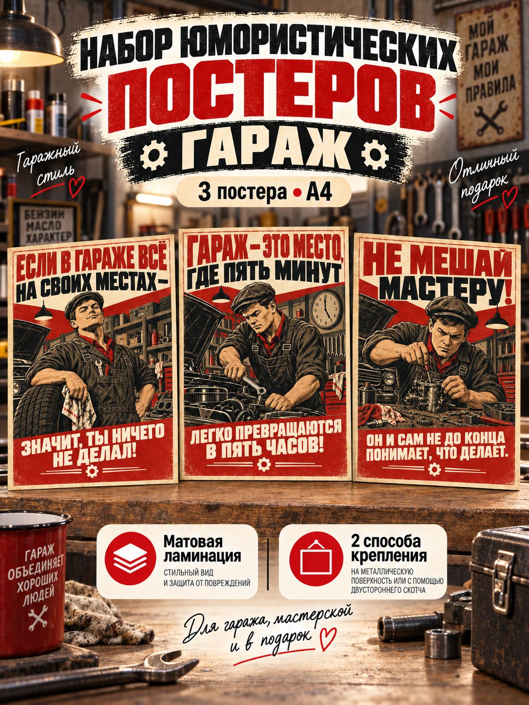 Постеры на стену A4 3 шт в гараж ретро