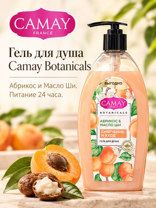 Гель для душа женский парфюмированный CAMAY BOTANICALS Абрикос и масло Ши 750мл