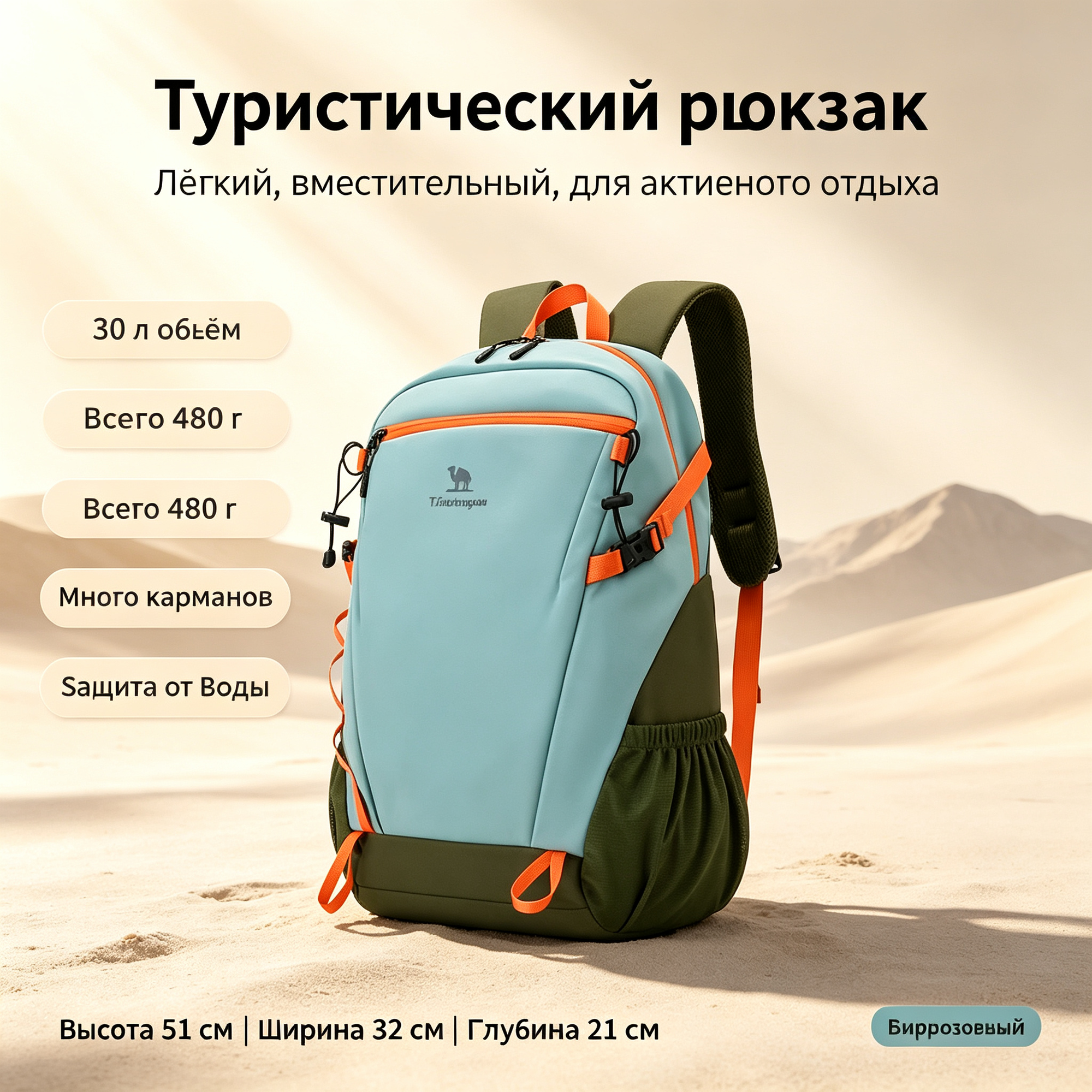 Рюкзак туристический нейлоновый 30 литров цвет Бирюзовый с дугообразными лямками для походов и путешествий