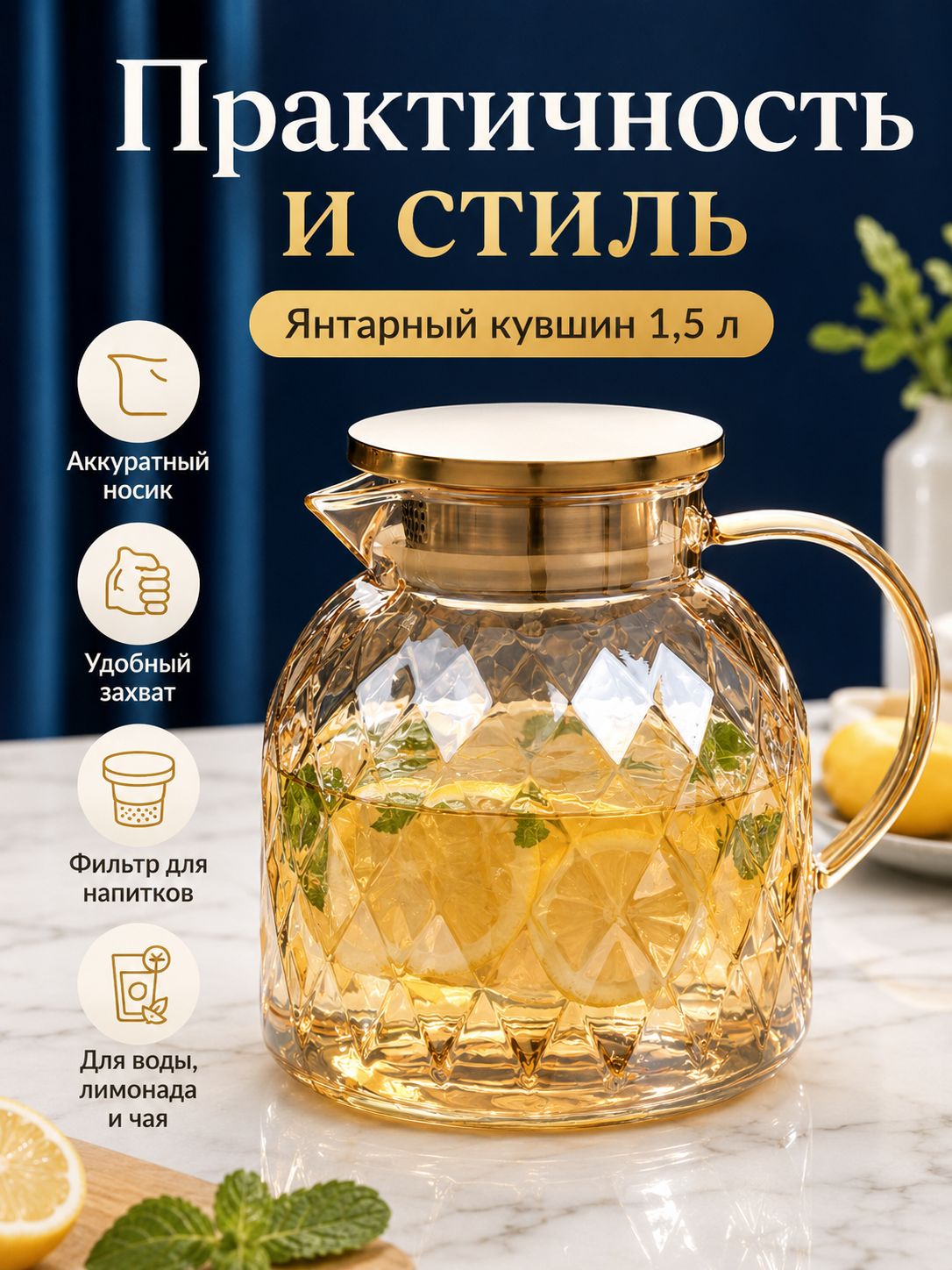 AHZ Кувшин 1.5 л 1 шт боросиликатное стекло золотой