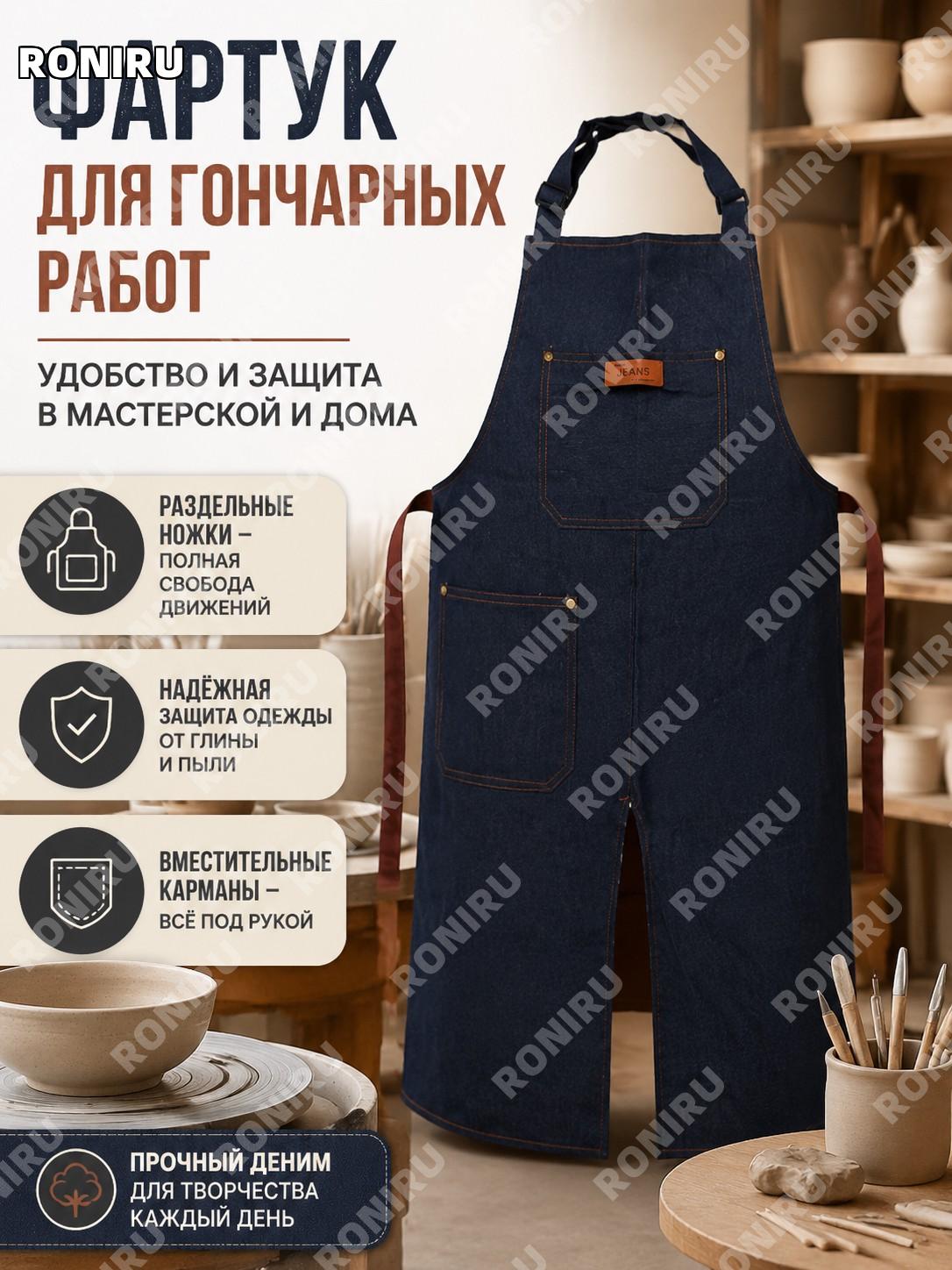 Фартук для гончарных работ темно-синий джинсовый с раздельными ножками для керамики мастерской и дома от глины