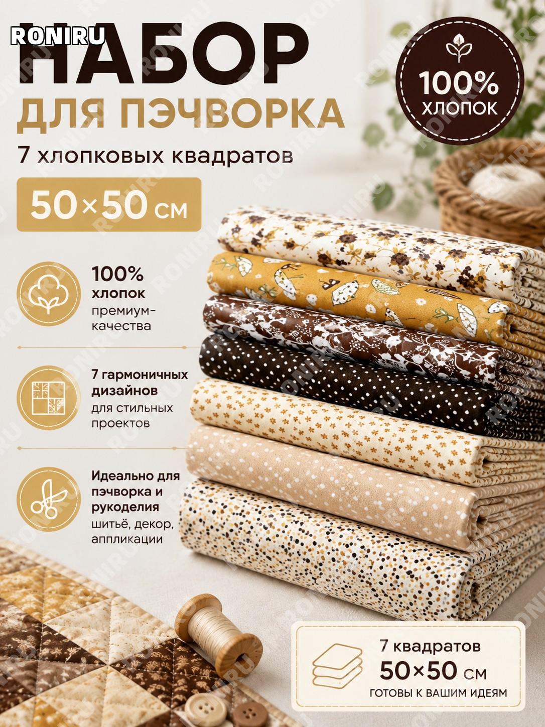 Набор для пэчворка 7 хлопковых квадратов 50×50 см 100% хлопок для лоскутного шитья, штор, подушек и декора дома