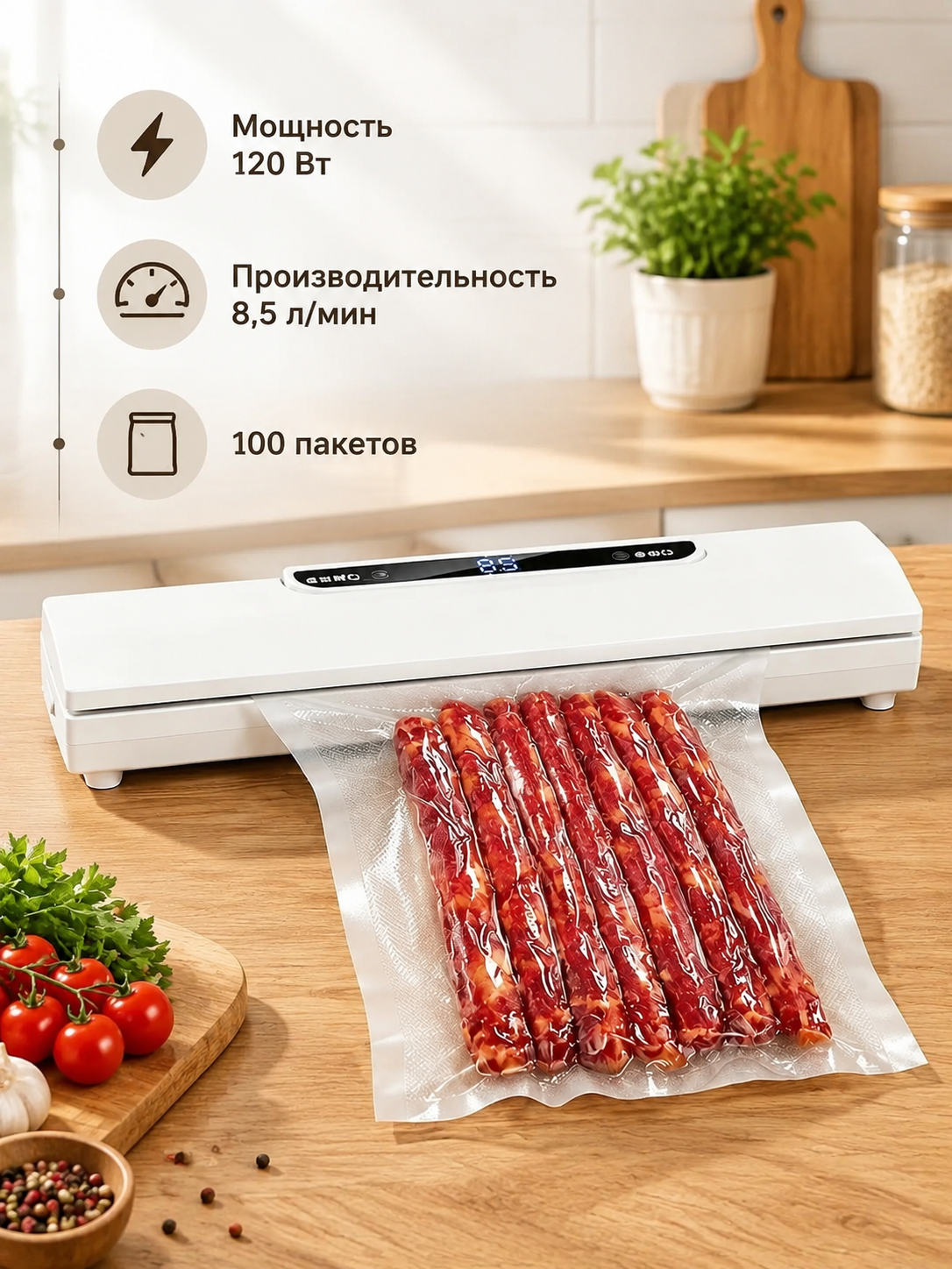 Встраиваемый вакуумный упаковщик 120 Вт для сухих и влажных продуктов, 8,5 л/мин, 100 пакетов