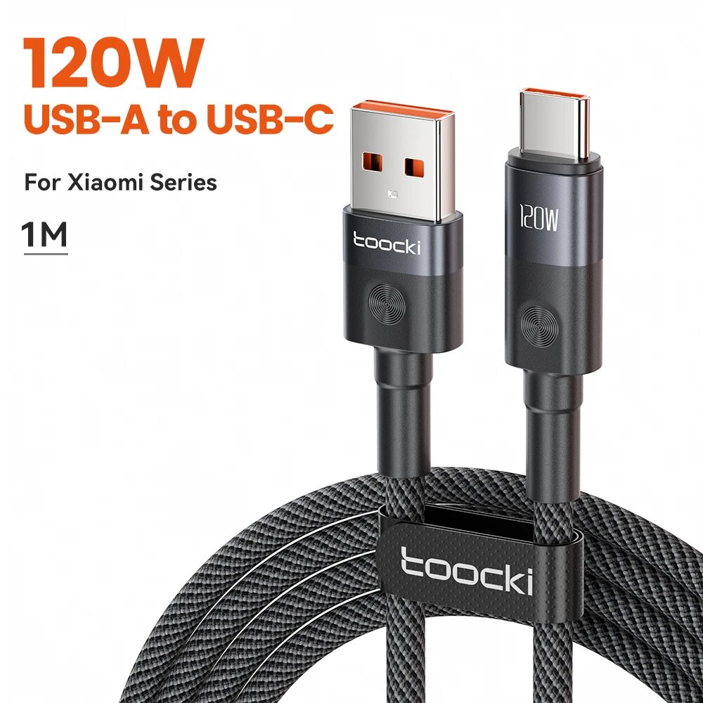 Кабель Toocki USB Type-C 6A для быстрой зарядки Xiaomi 120W 100W 90W 67W Turbo для Mi 2Pcs, Black 1M