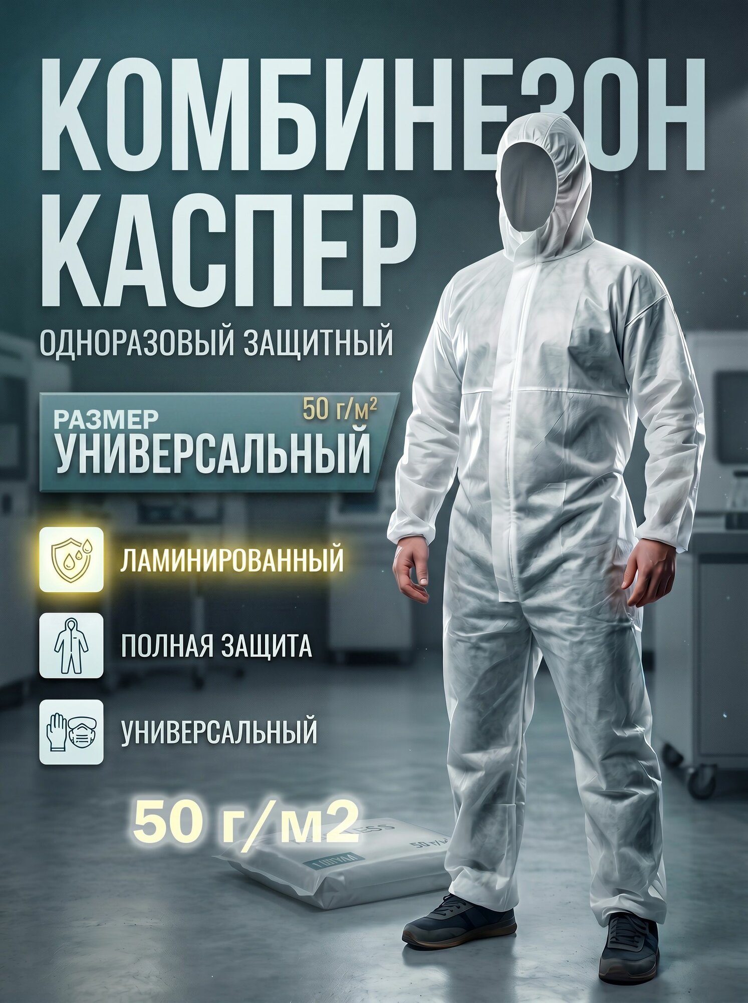 Комбинезон каспер, 50г/м2, р-р. Универсальный, одноразовый, ламинированный (белый)